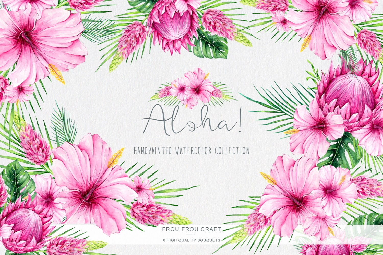Watercolor Flowers Clipart Tropical Summer Aloha Hibiscus Protea Pink ...