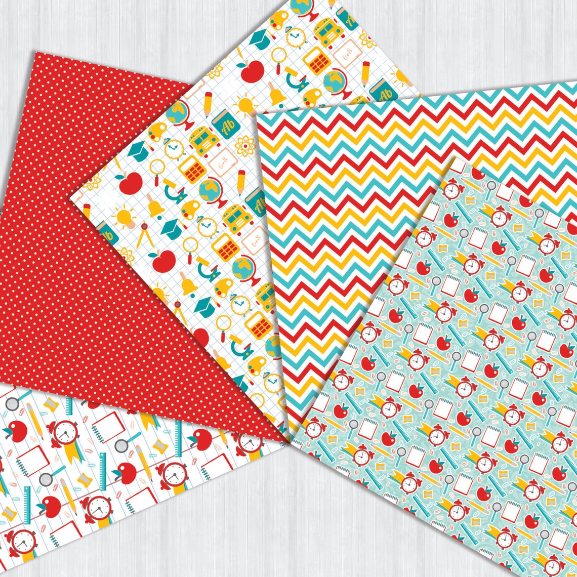 Back to School Digital Paper, Yellow Red Blue Digital Paper, Colorful ...
