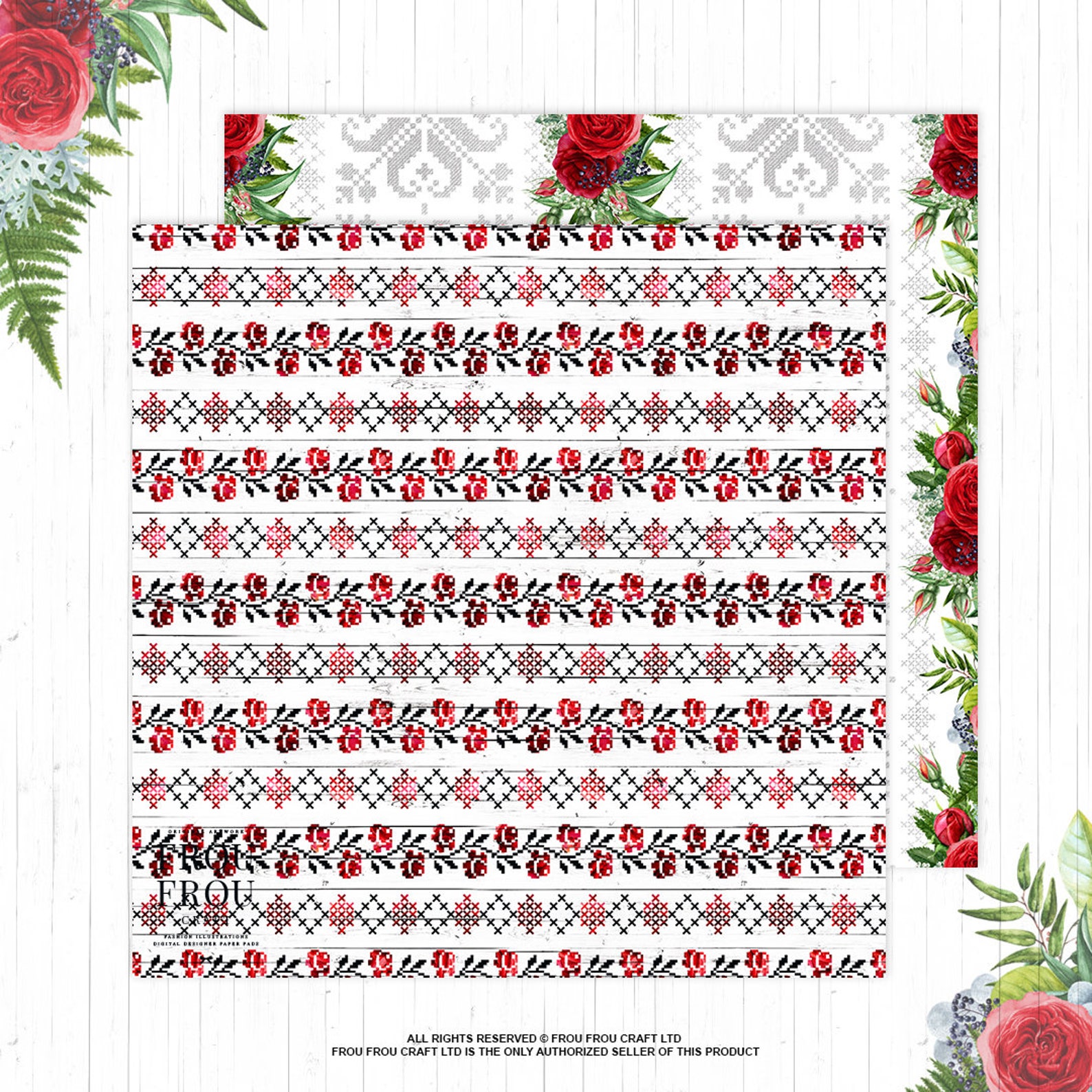 Red Roses Paper Pack Ethno Digital Paper Pad Floral Fabric | Etsy