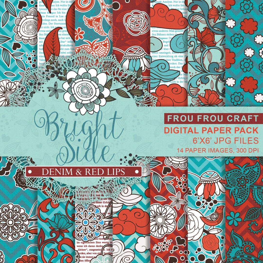 Red Blue Digital Paper Pack Instant Download Spring Summer Denim White ...