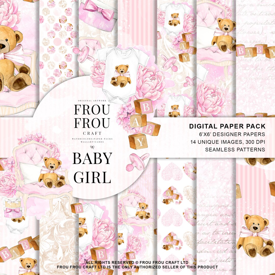 Baby Paper Pack Baby Girl Scrapbook Nursery Background Pink Teddy Bear ...