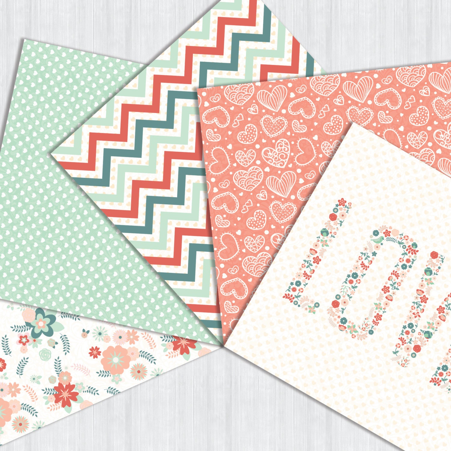 Flower Love Digital Paper Pack Instant Download Valentine - Etsy