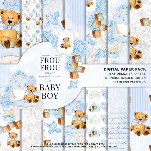 Baby Boy Digital Paper Baby Shower Scrapbook Blue & Grey - Etsy