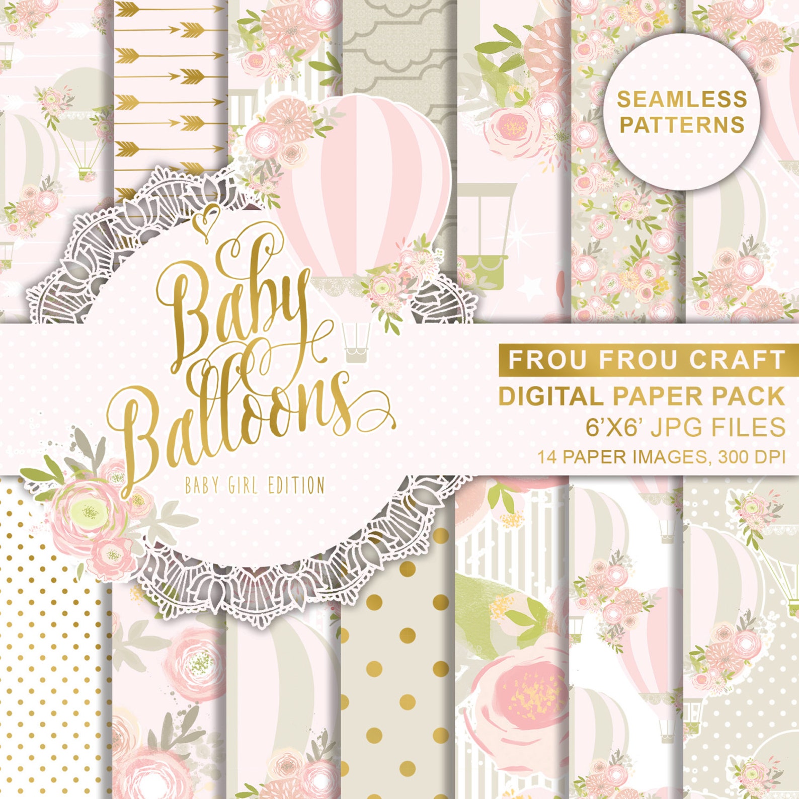 Cute Pink Baby Digital Paper Ballet Digital Hot Air Balloon Nursery ...