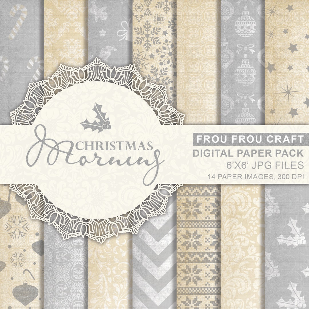Vintage Christmas Digital Paper Pack Instant Download Silver Cream Grey ...