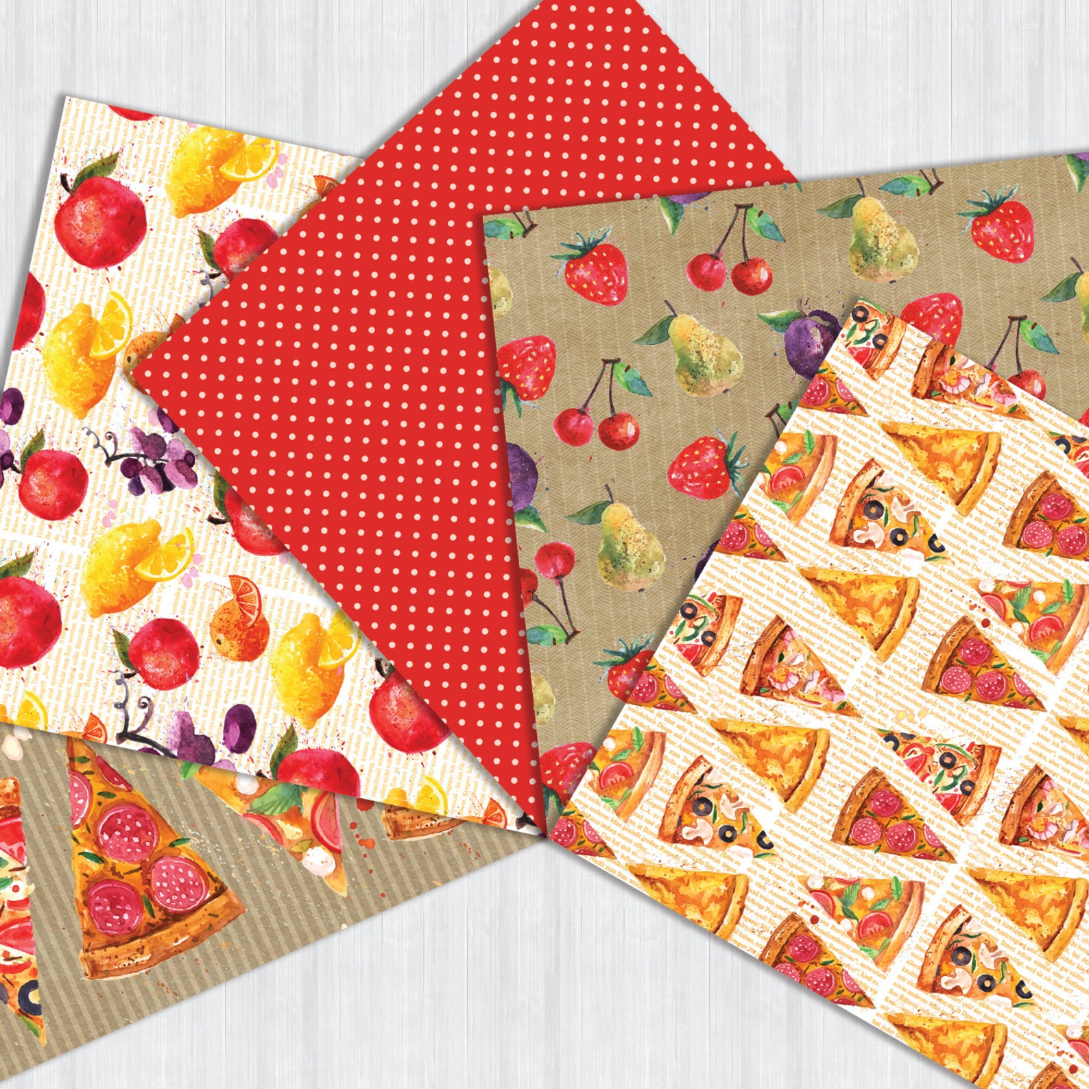 Pizza Fruits Digital Paper Pack Instant Download Delicious | Etsy