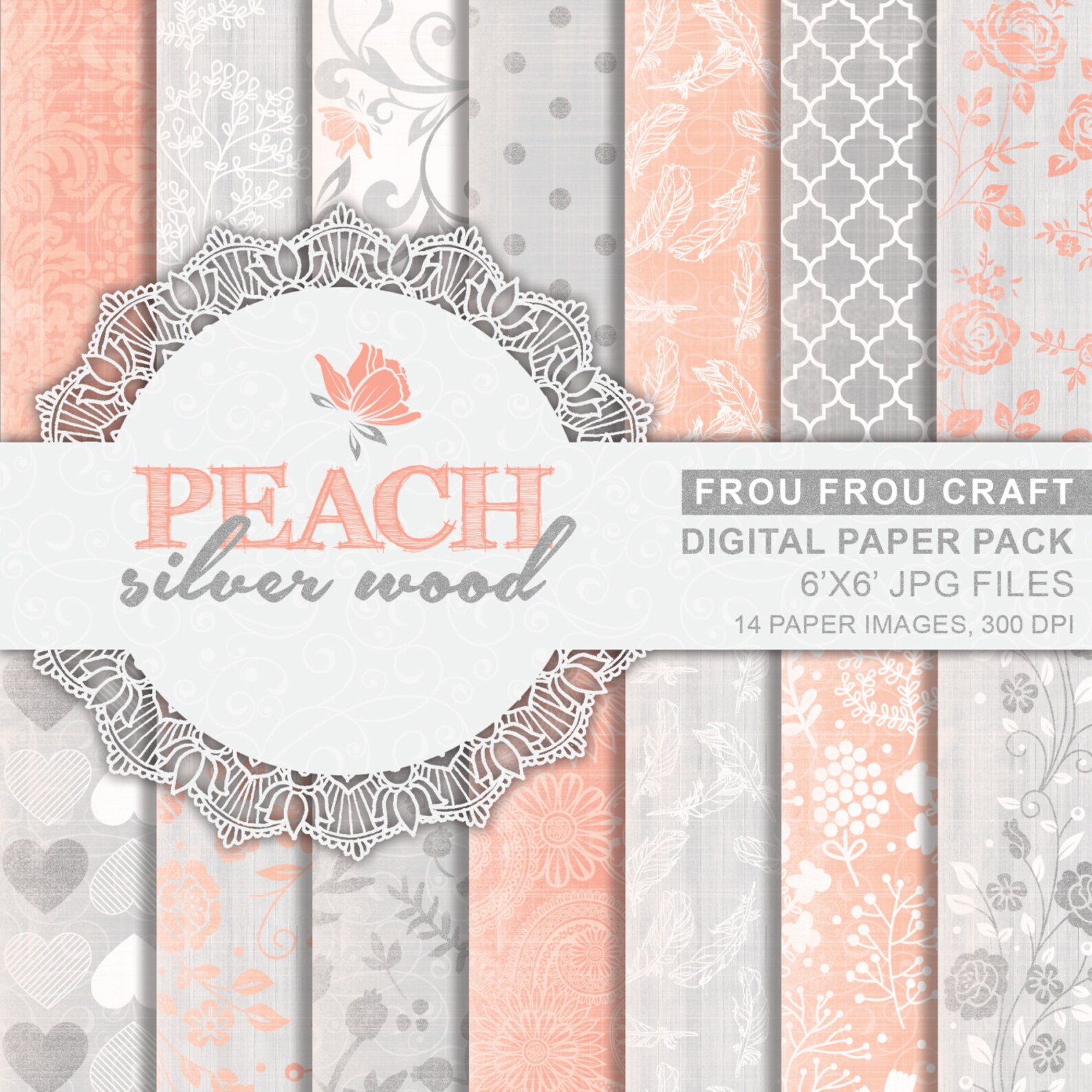 Peach Silver Digital Paper Pack Instant Download Grey Pink Vintage Wood ...