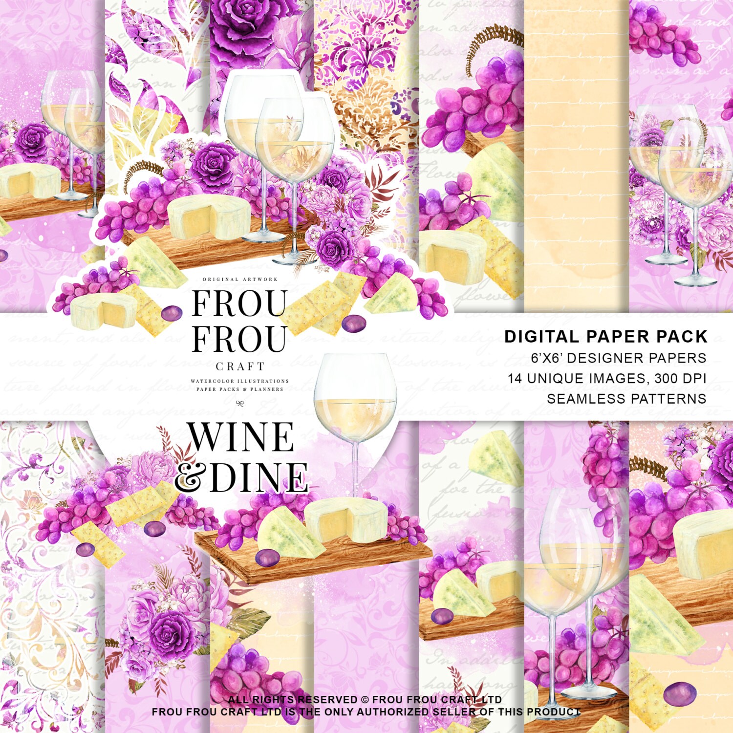 Wine Paper Pack Valentine Digital Backgrounds Watercolor Printable Pad ...