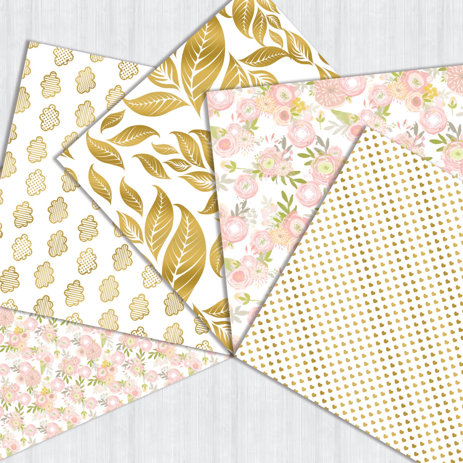 Blush Pink Gold Foil Flowers Digital Paper Pack Instant | Etsy