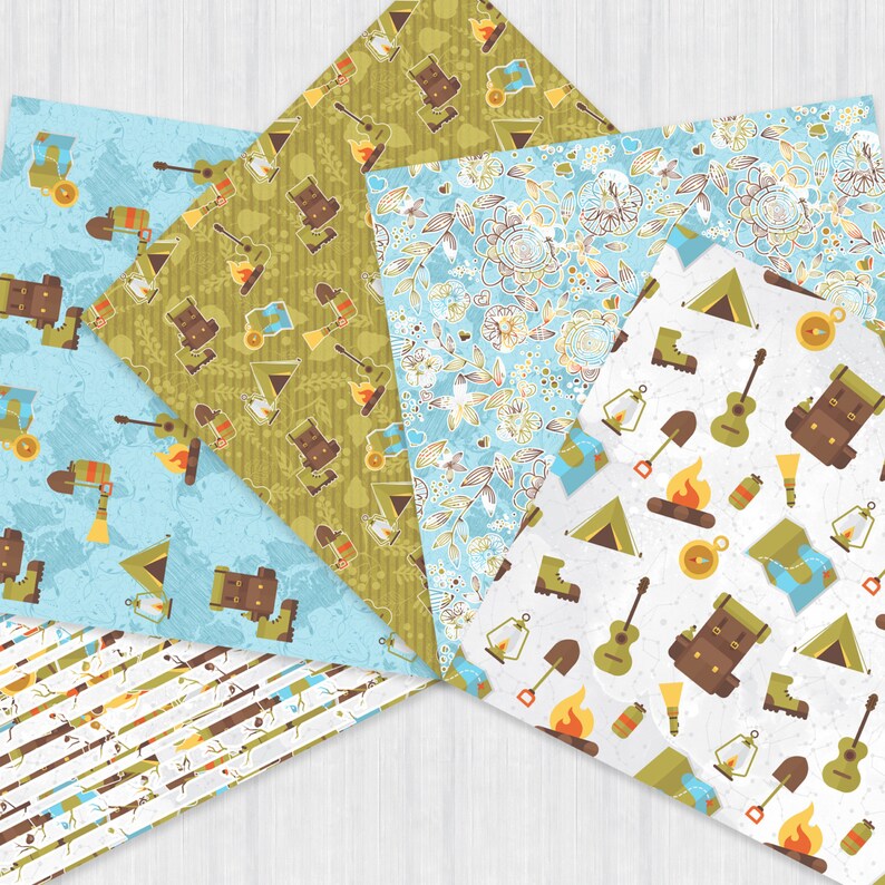 Camping Digital Paper Pack Camp Designer Pad Vacation Background Summer ...