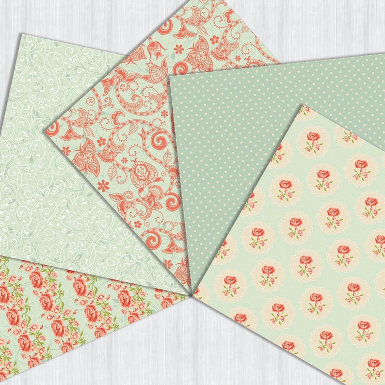 Rose Vintage Digital Paper Mint Romantic Printable Decoupage - Etsy