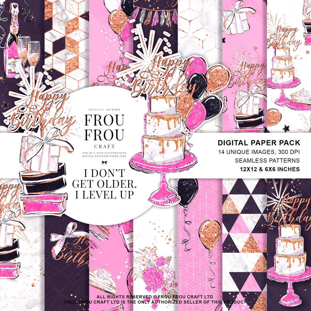 Party Paper Pack, Pink Birthday Digital Paper Pad, Sweet 16 Gold ...