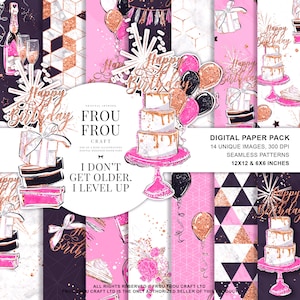 Party Paper Pack, Pink Birthday Digital Paper Pad, Sweet 16 Gold ...
