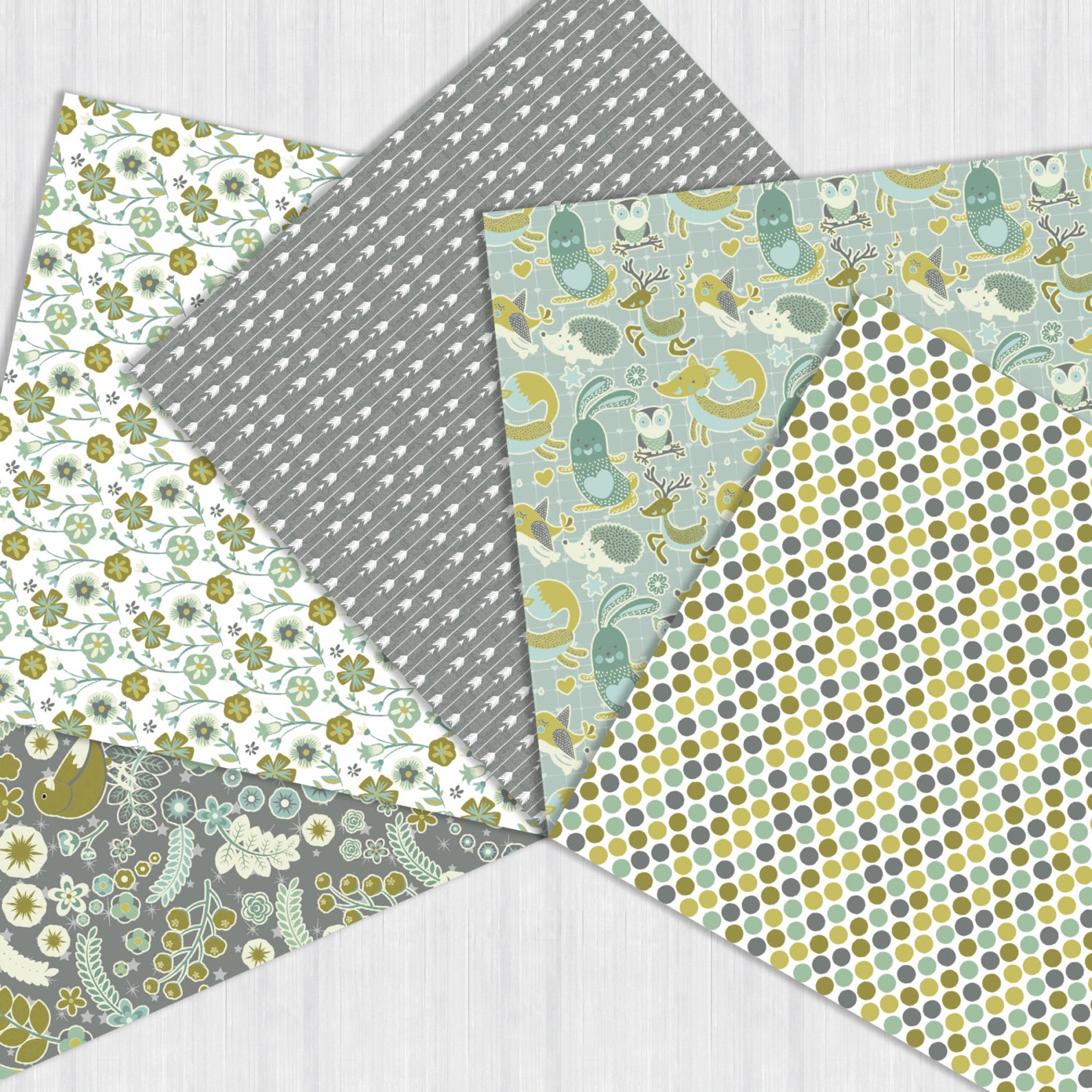 Green Blue Digital Paper Pack Birds Flowers Seamless | Etsy