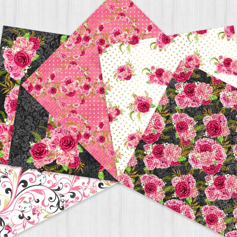 Roses Scrapbook Paper Hot Pink Black Gold Paper Pack Watercolor Digital ...