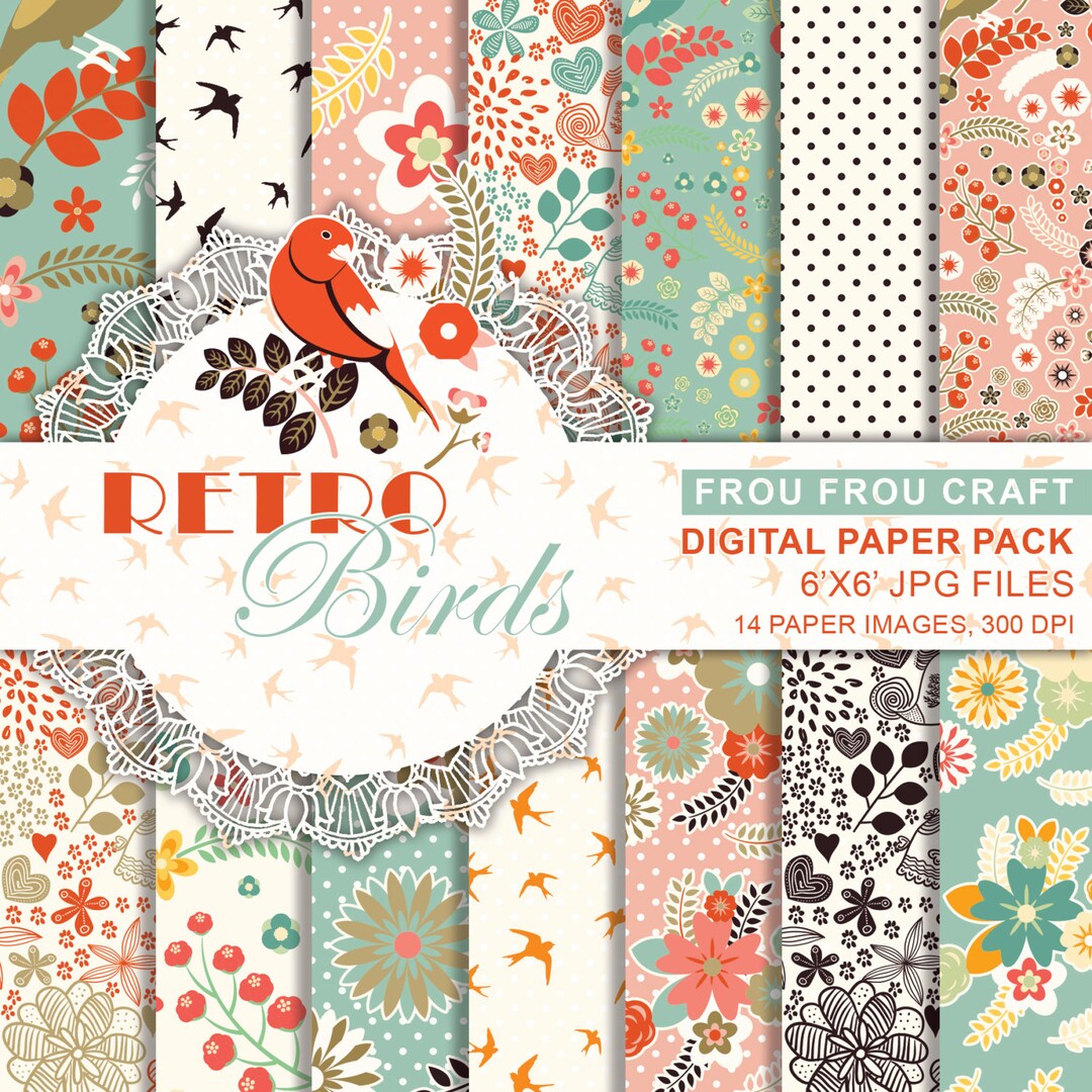 Retro Birds Pattern Digital Paper, Leaf Pattern Art, Vintage Shabby ...