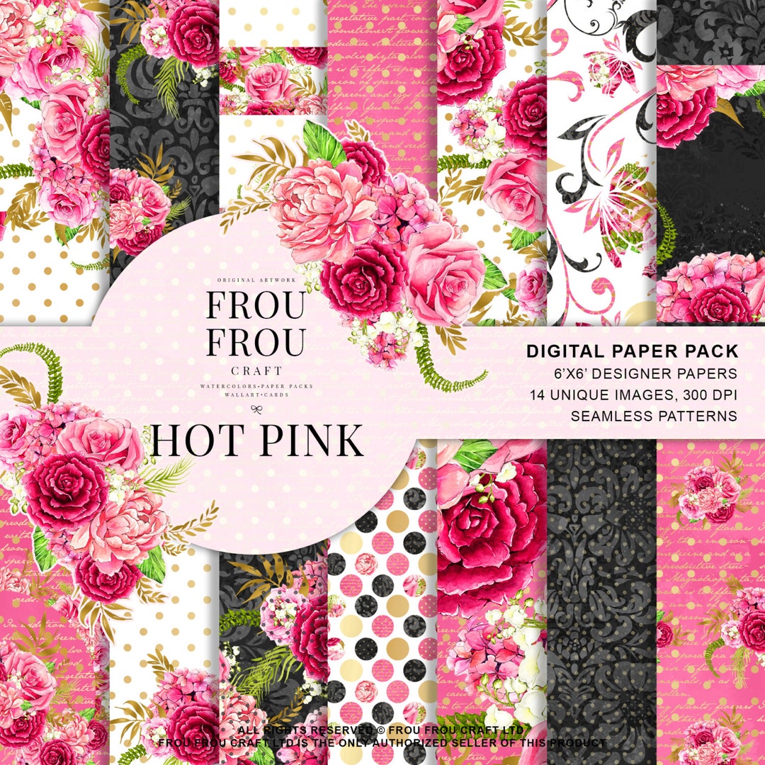 Roses Scrapbook Paper Hot Pink Black Gold Paper Pack Watercolor Digital ...