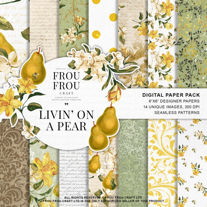 Fall Paper Pack Pear Paper Pad Yellow Floral Digital - Etsy