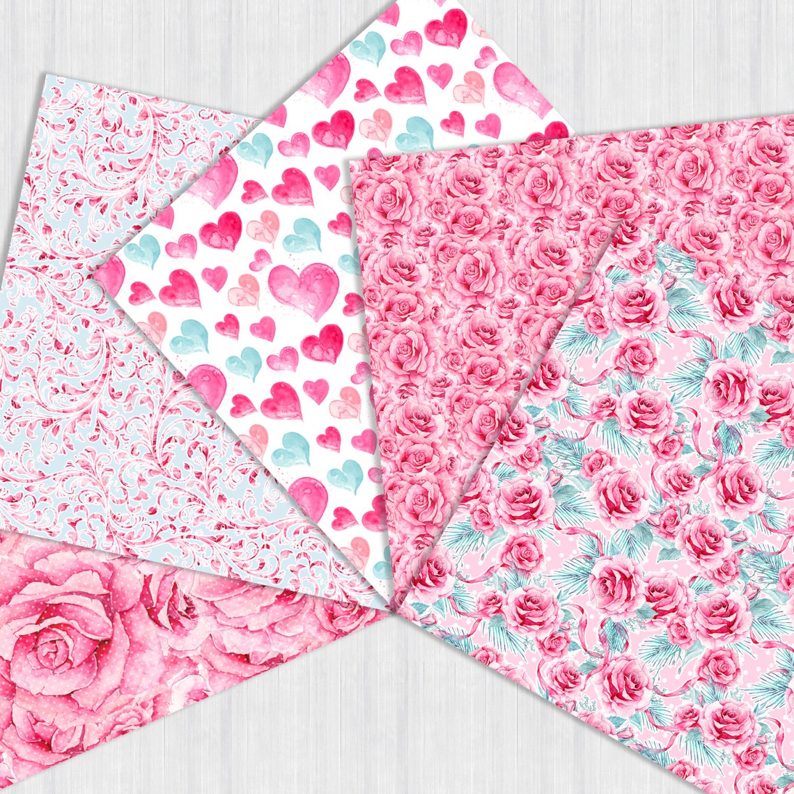 Pink Mint Roses Romantic Wedding Digital, Watercolor Valentine Love ...