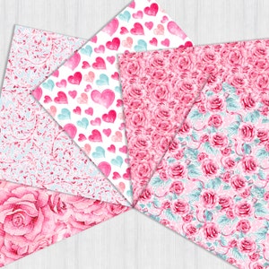 Pink Mint Roses Romantic Wedding Digital, Watercolor Valentine Love ...