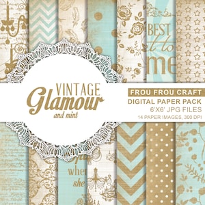 Mint and Gold Digital Paper Pack Instant Download Vintage Retro Glamour ...