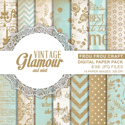 Mint and Gold Digital Paper Pack Instant Download Vintage - Etsy