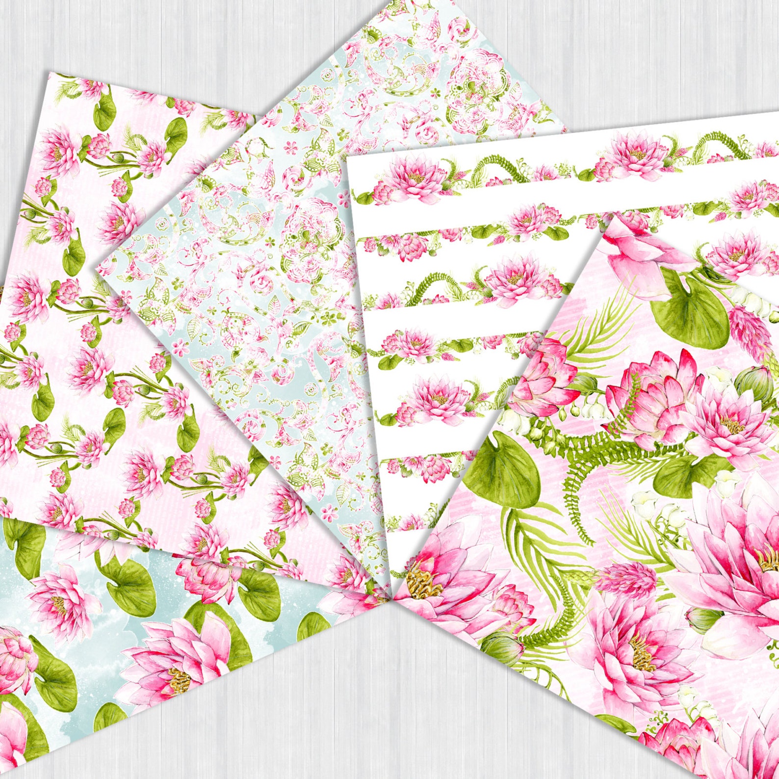 Lotus Digital Paper Pack Seamless Patterns Watercolor Flowers - Etsy