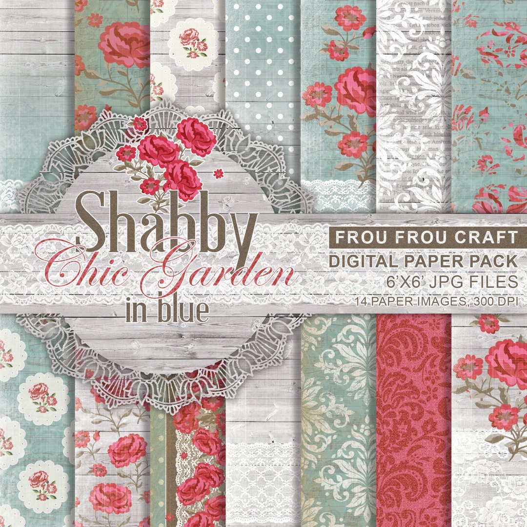 Shabby Chic Blue Garden Paper, Lace Pattern Rustic Digital Paper Pack ...