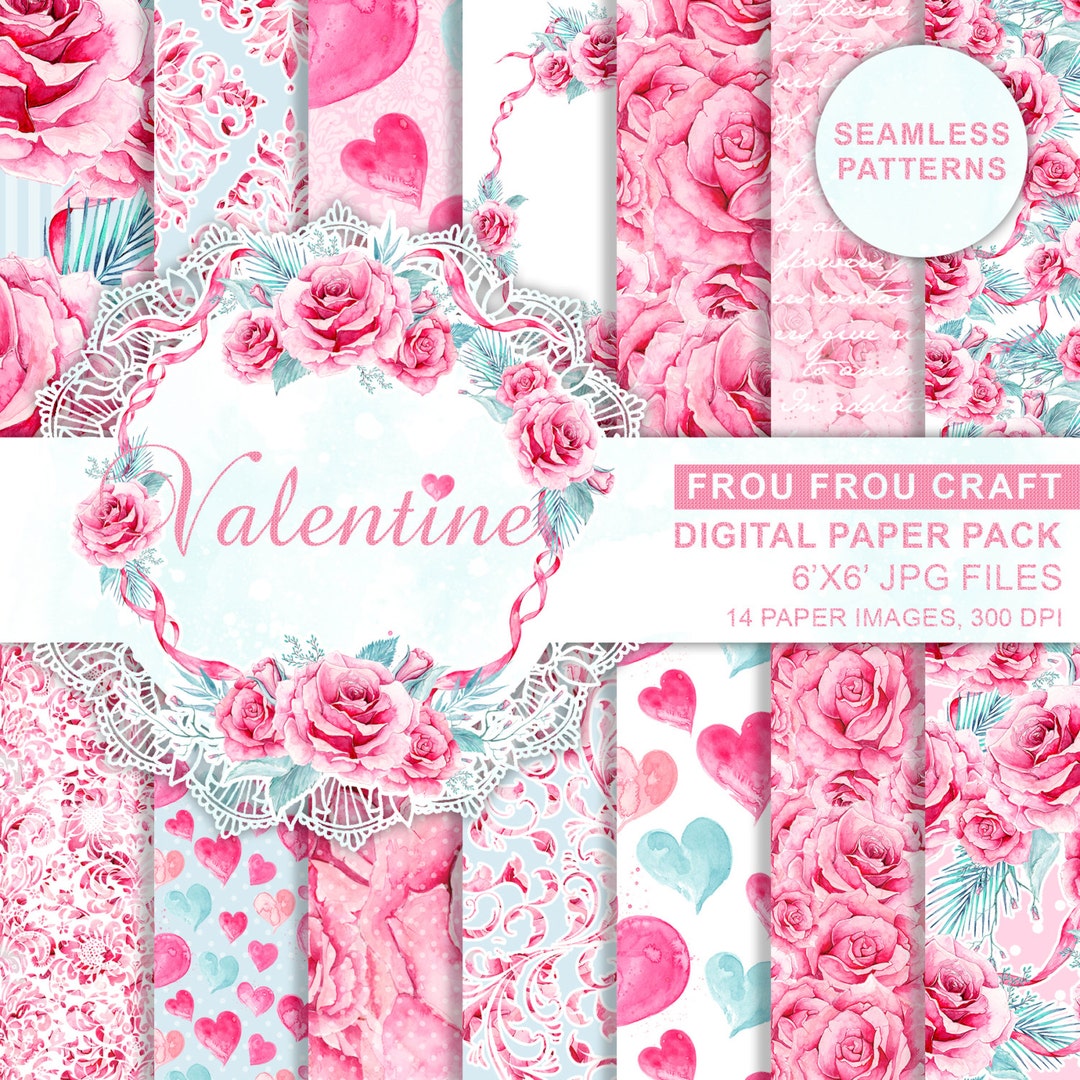 Pink Mint Roses Romantic Wedding Digital, Watercolor Valentine Love ...