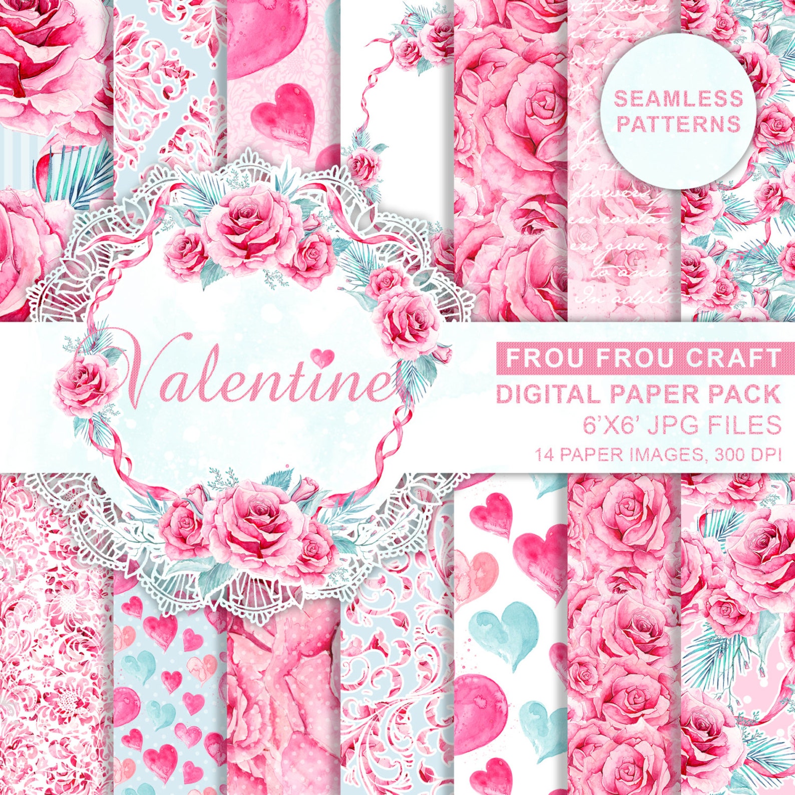 Pink Mint Roses Romantic Wedding Digital Watercolor Valentine | Etsy