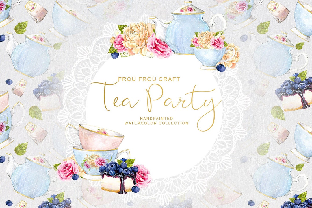 Watercolor Tea Party Clipart Teacup Teapot Blueberry Cake Bridal Shower ...