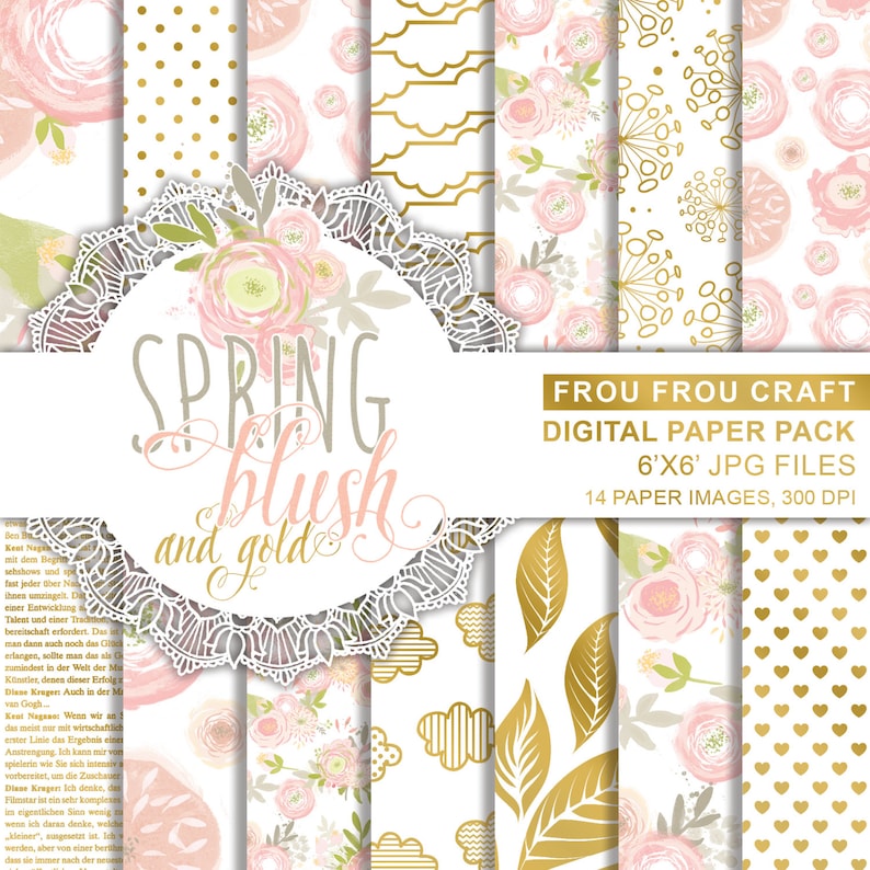 Blush Pink Gold Foil Flowers Digital Paper Pack Instant - Etsy