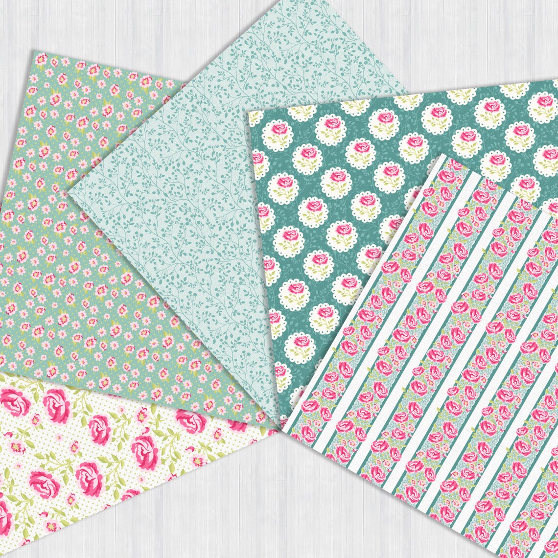 Scrapbook Paper Pad, Mint Pink Roses Digital Stickers, Retro Floral ...