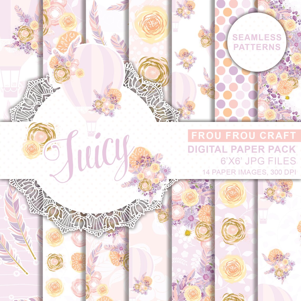 Peach Pink Lavender Seamless Pattern Flower Hot Air Balloon | Etsy