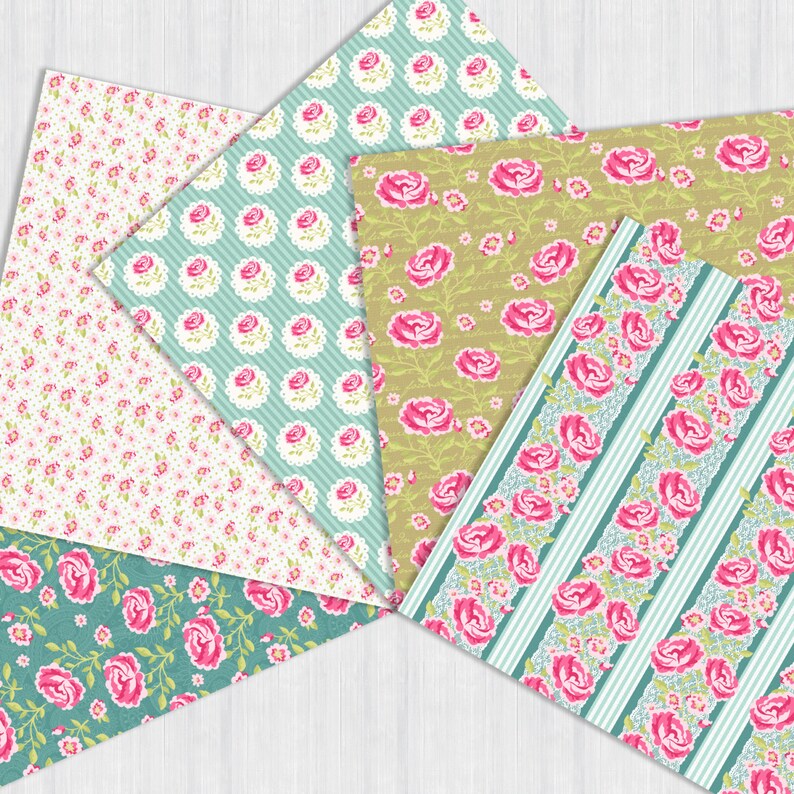 Scrapbook Paper Pad, Mint Pink Roses Digital Stickers, Retro Floral ...