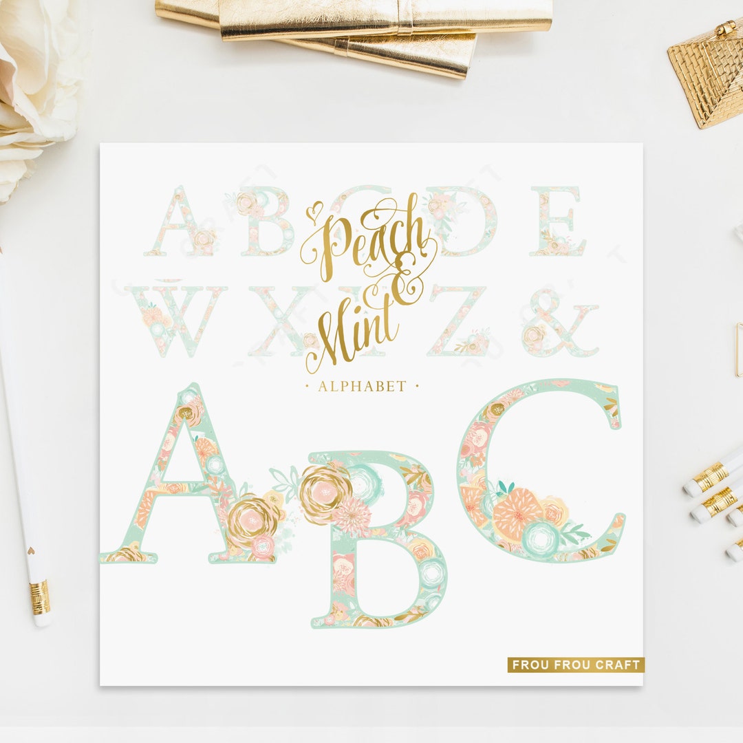 Alphabet Clipart Peach and Mint Flowers A to Z Letters Intant Download ...