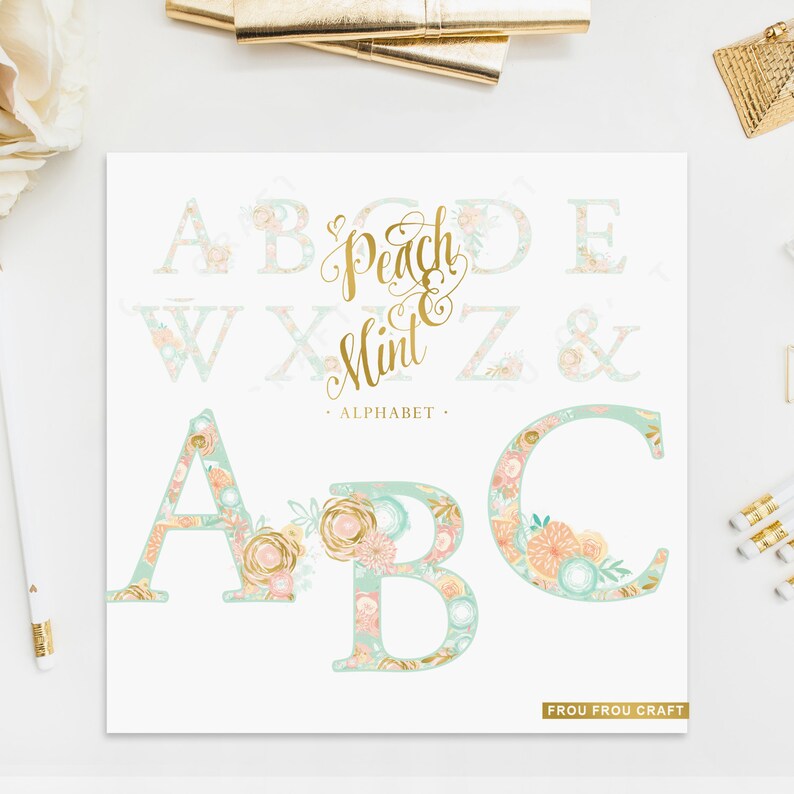 Alphabet Clipart Peach and Mint Flowers A to Z Letters Intant - Etsy