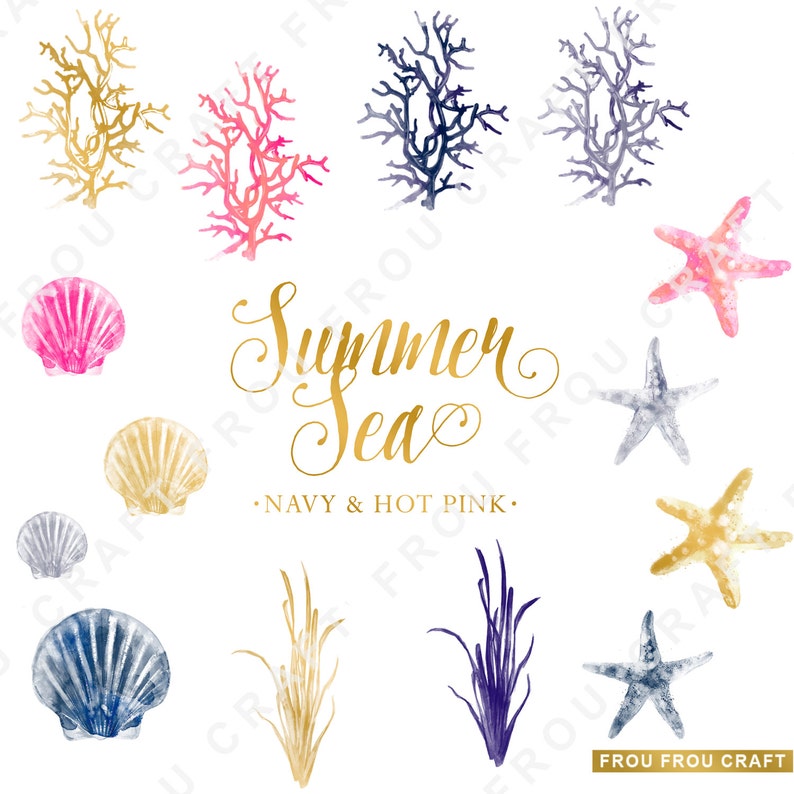 Navy Pink Nautical Clipart Summer Sea Elements Intant Download | Etsy