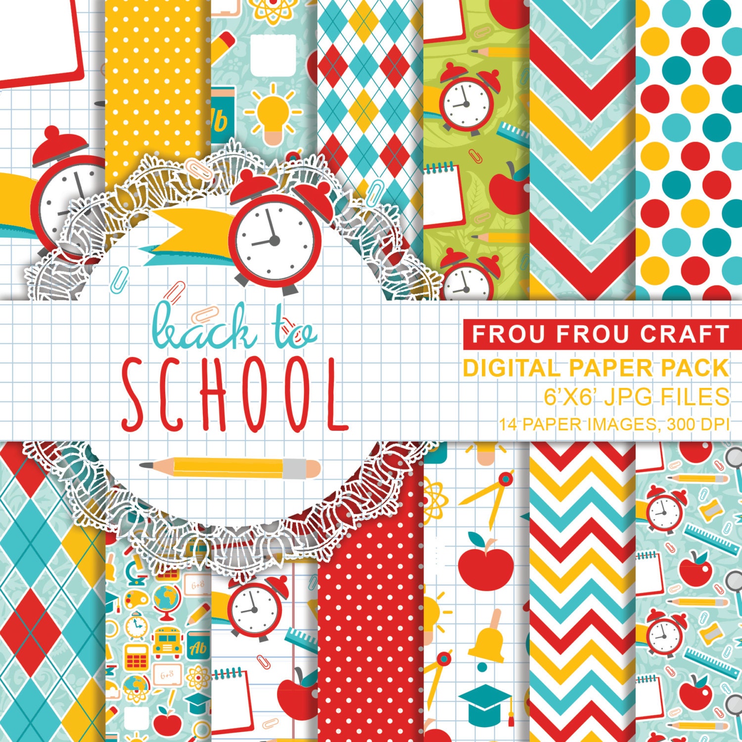 Back to School Digital Paper, Yellow Red Blue Digital Paper, Colorful ...