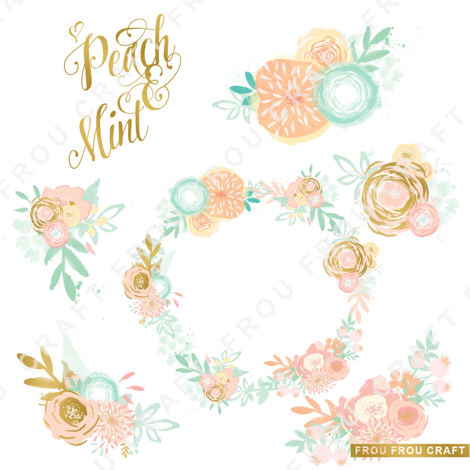 Peach Mint Flowers Clipart Intant Download Digital Blush Pink - Etsy