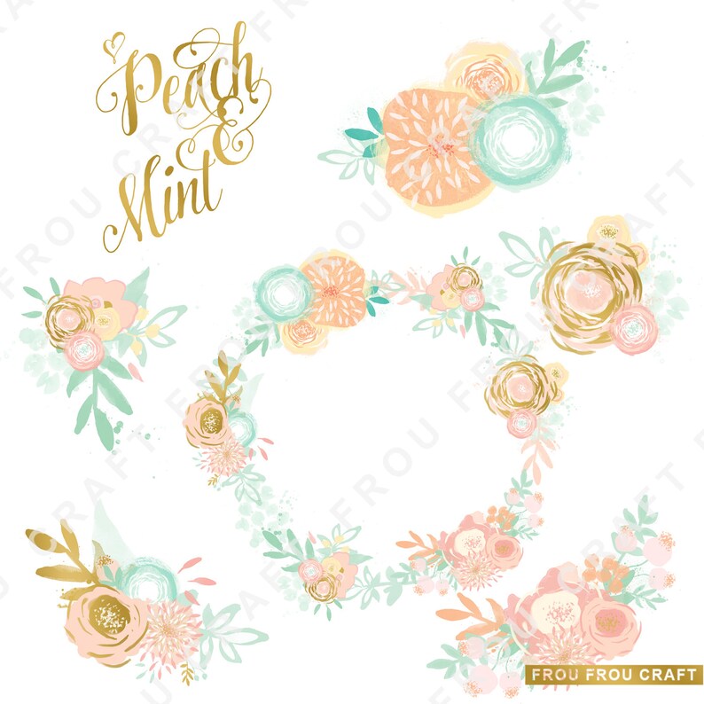 Peach Mint Flowers Clipart Intant Download Digital Blush Pink Sage Blue ...