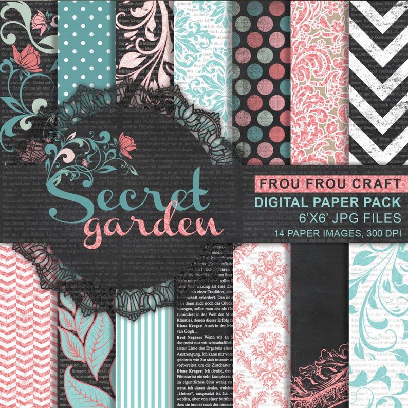 Pink Blue Flowers Digital Paper Pack Instant Download Chalkboard ...