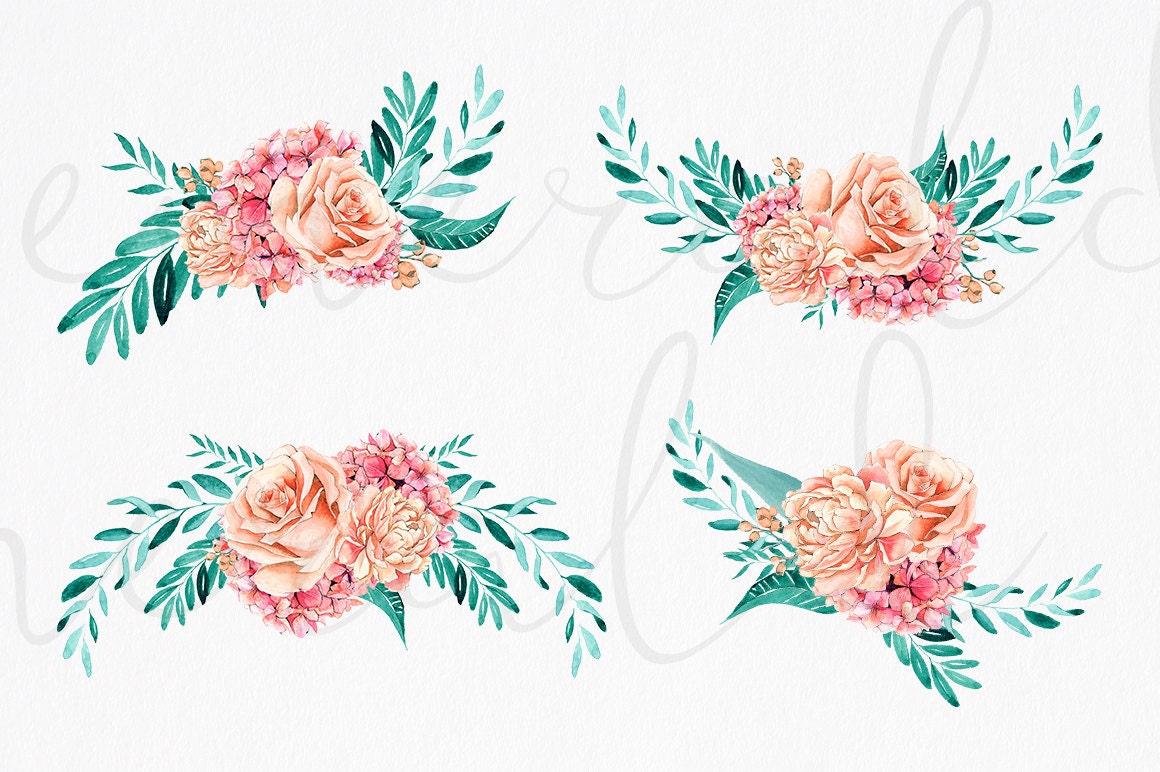 Handpainted Floral Clipart Peach and Mint Wedding Paper Pink - Etsy