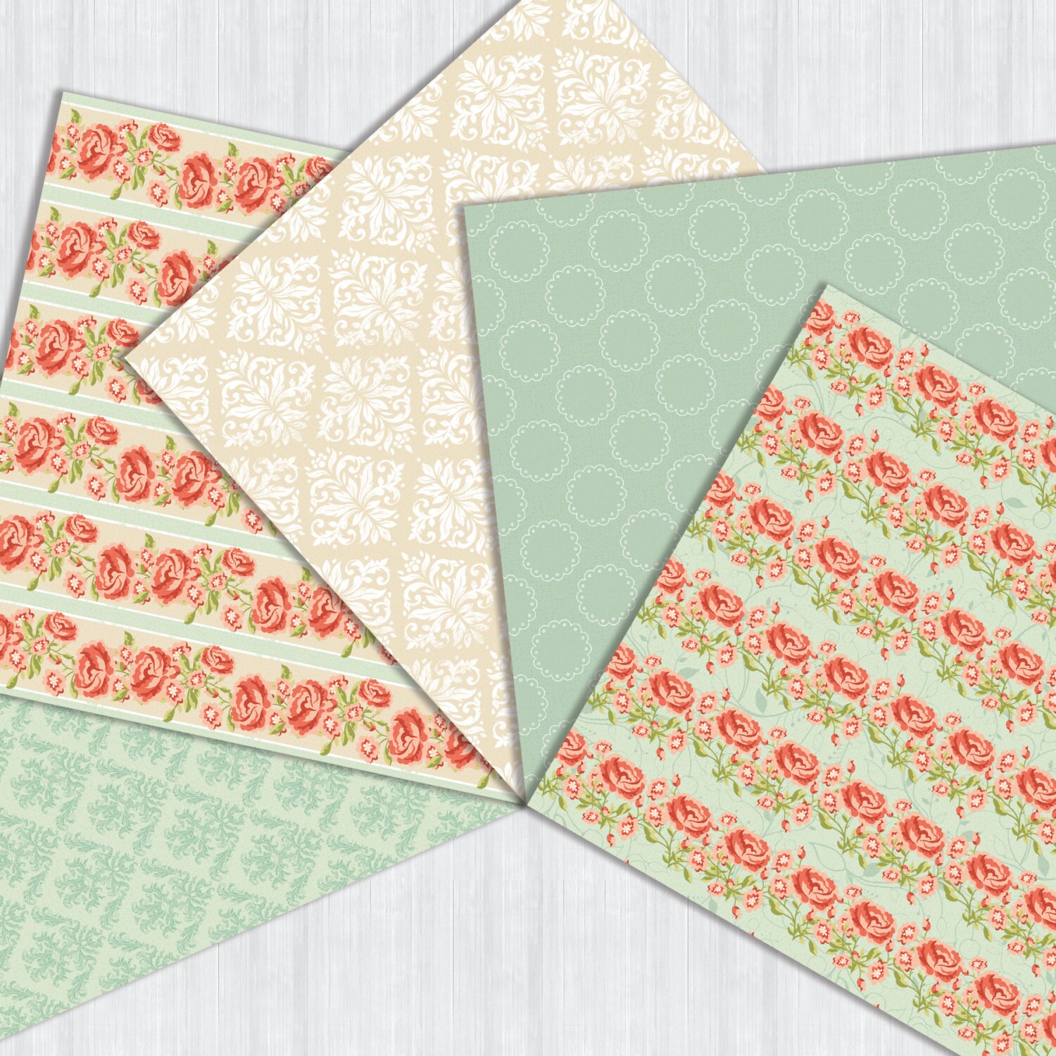 Rose Vintage Digital Paper Mint Romantic Printable Decoupage | Etsy