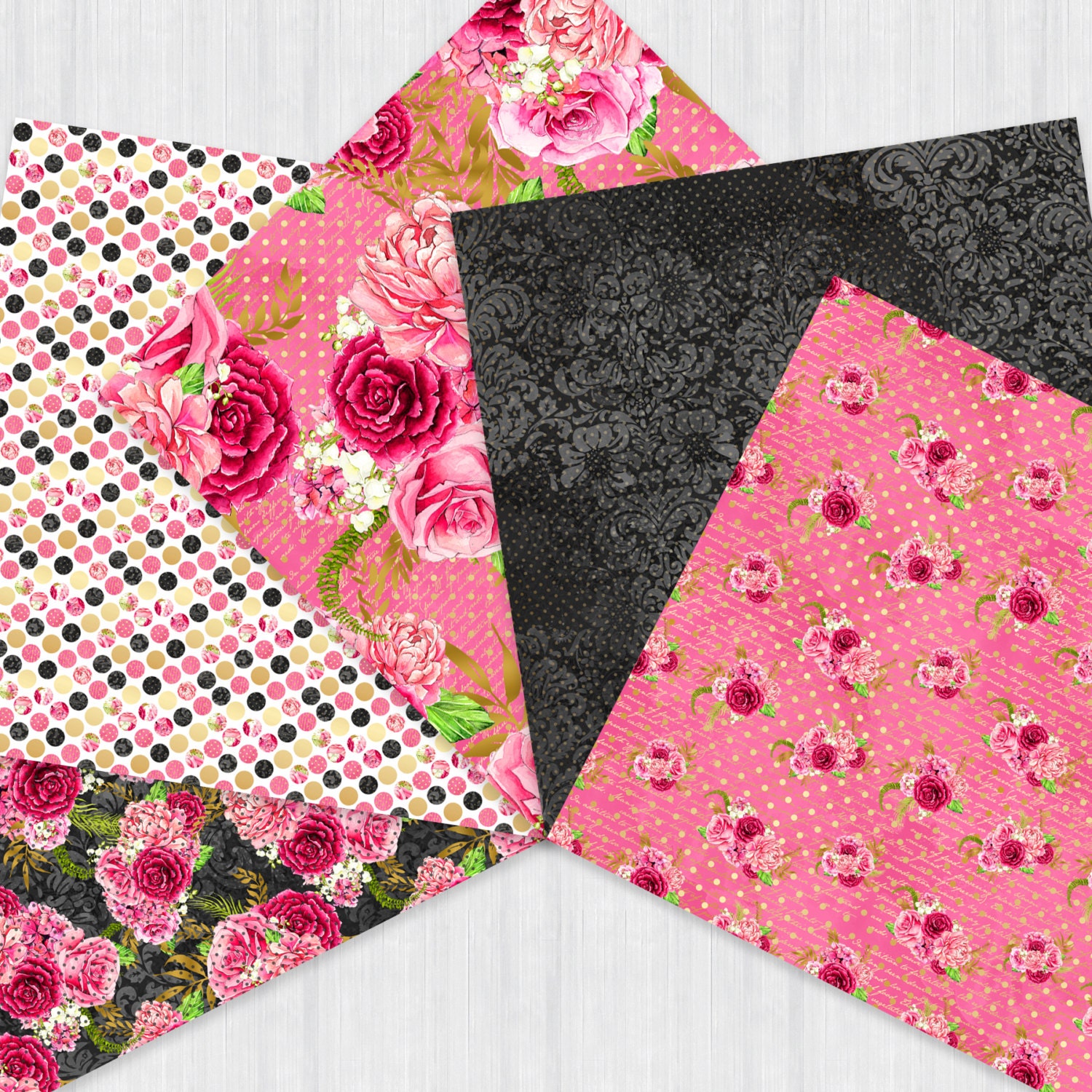 Roses Scrapbook Paper Hot Pink Black Gold Paper Pack - Etsy
