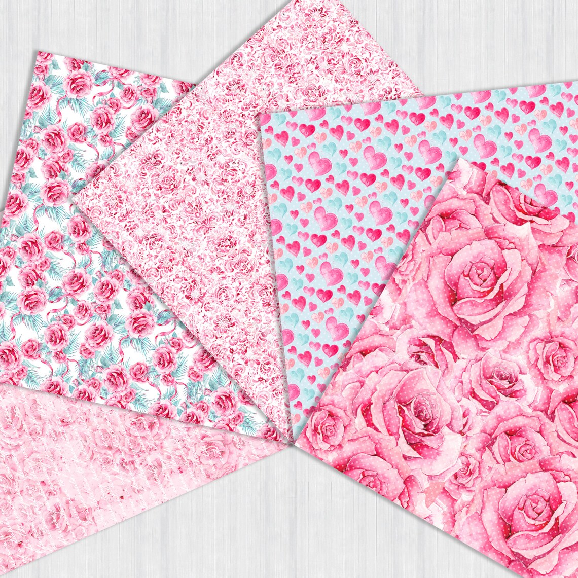 Pink Mint Roses Romantic Wedding Digital Watercolor Valentine | Etsy