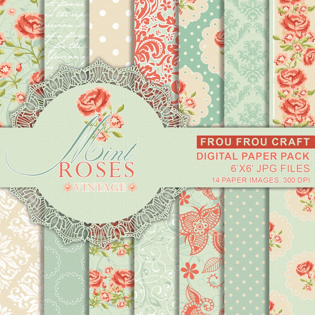 Rose Vintage Digital Paper, Mint Romantic Printable Decoupage Paper ...