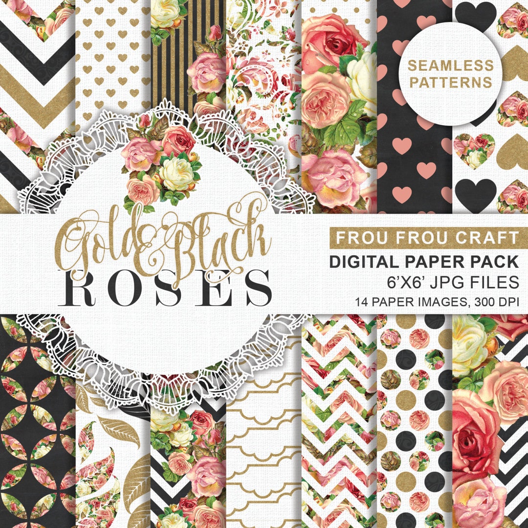 Gold Black Roses Printable Paper, Romantic Paper Pattern, Gold Roses ...