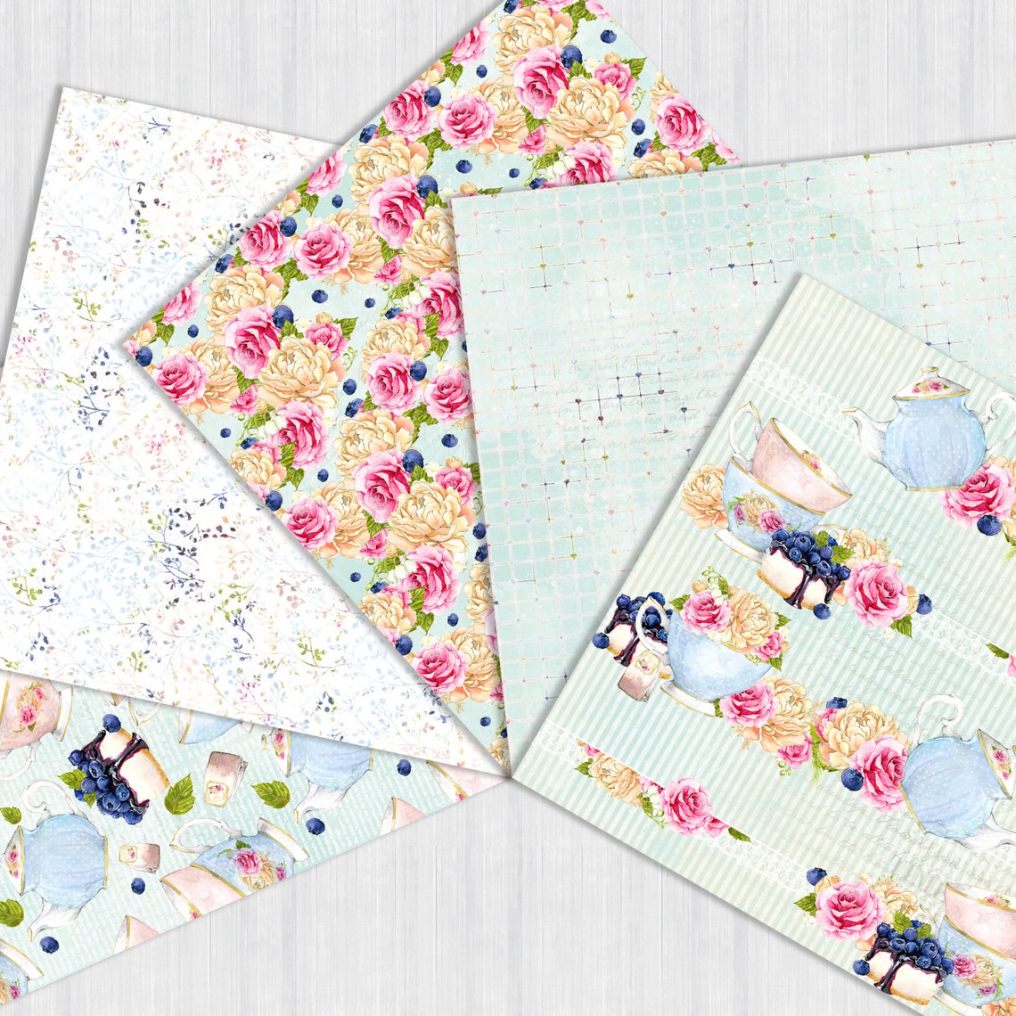 Tea Party Digital Paper Pack Watercolor Flowers Seamless Patterns ...