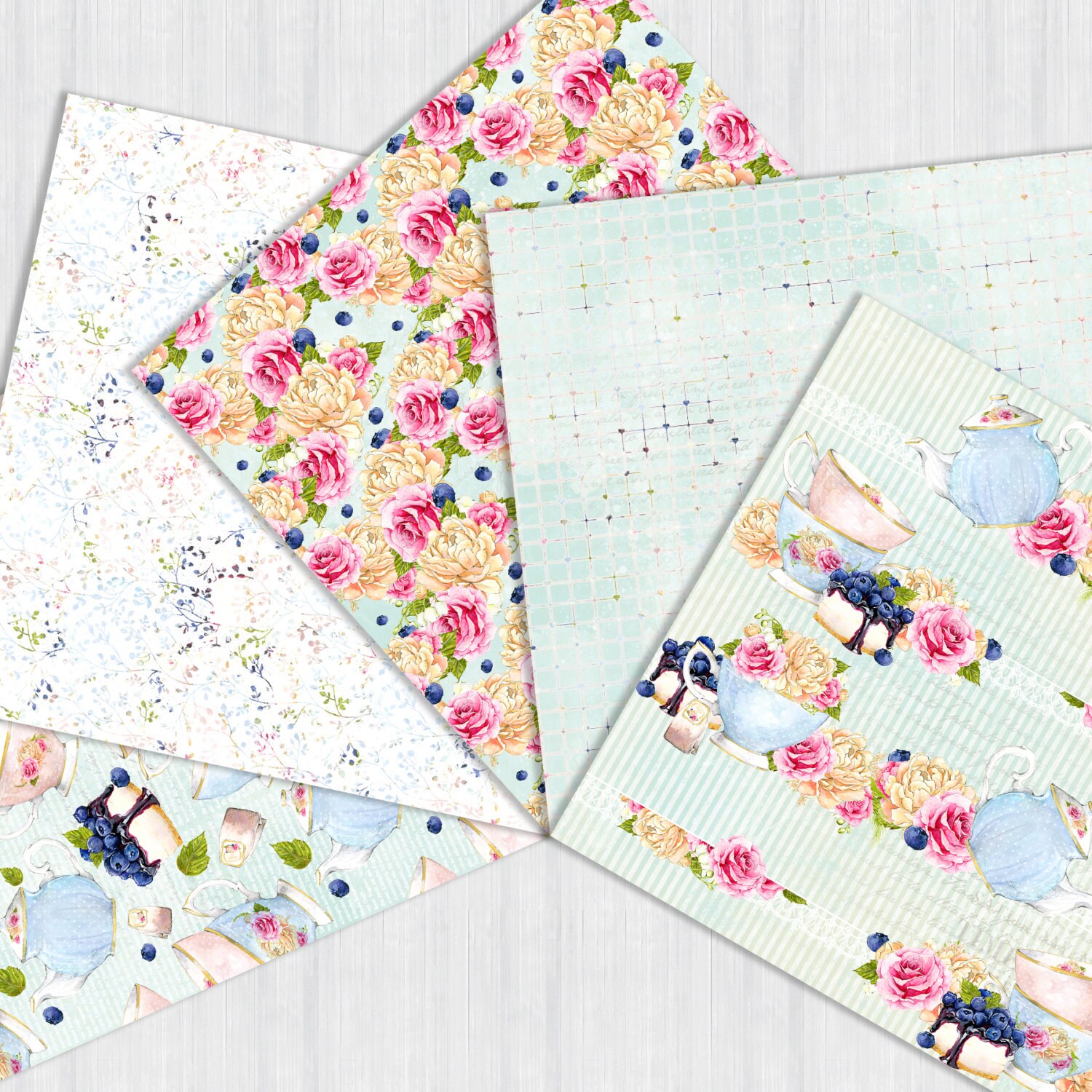 Tea Party Digital Paper Pack Watercolor Flowers Seamless Patterns ...
